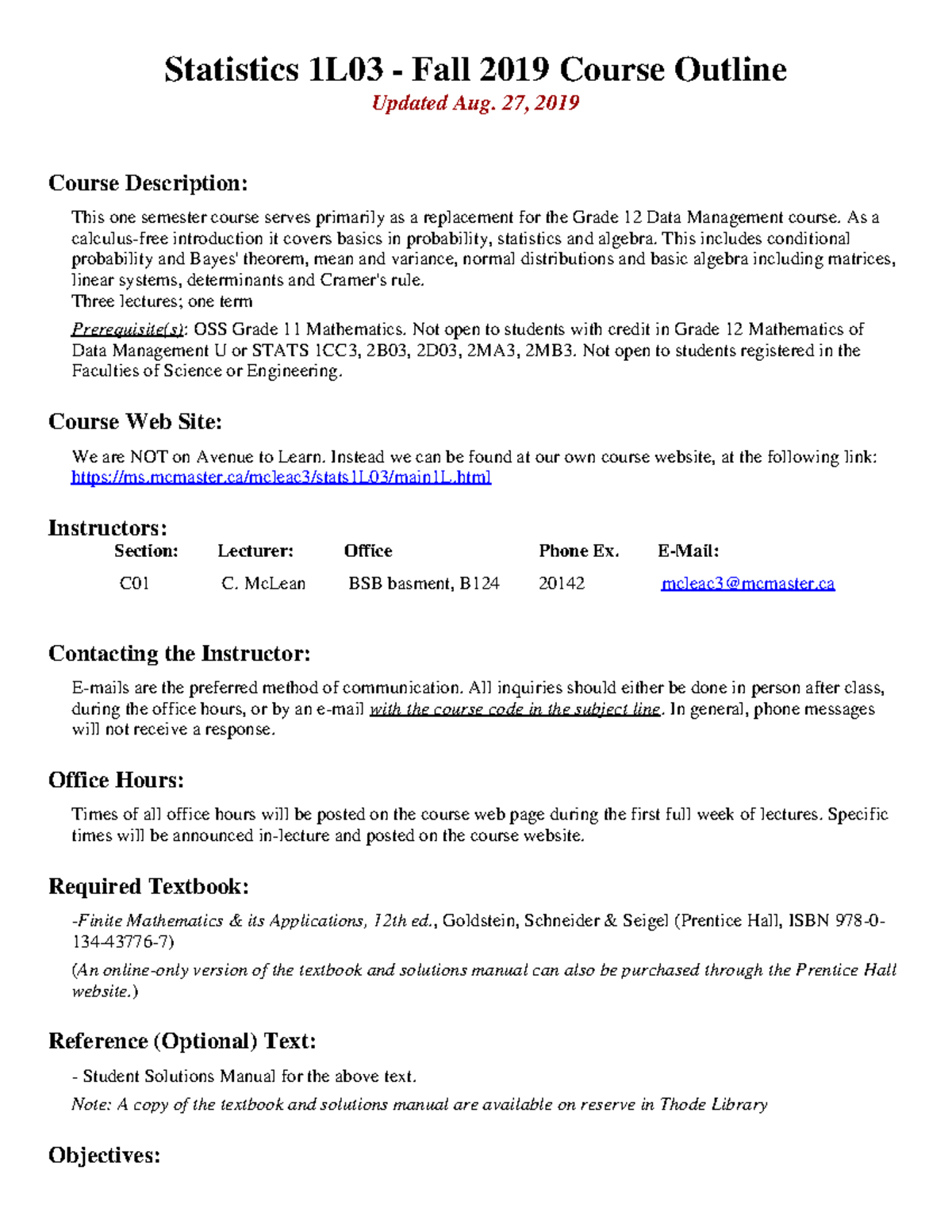 Stats-1L03 - outline - Statistics 1L03 - Fall 2019 Course Outline ...