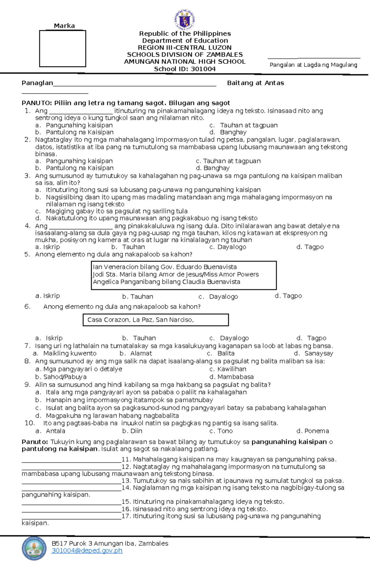 PT-Ikatlong-Markahan - Pangalan at Lagda ng Magulang Marka Republic of ...