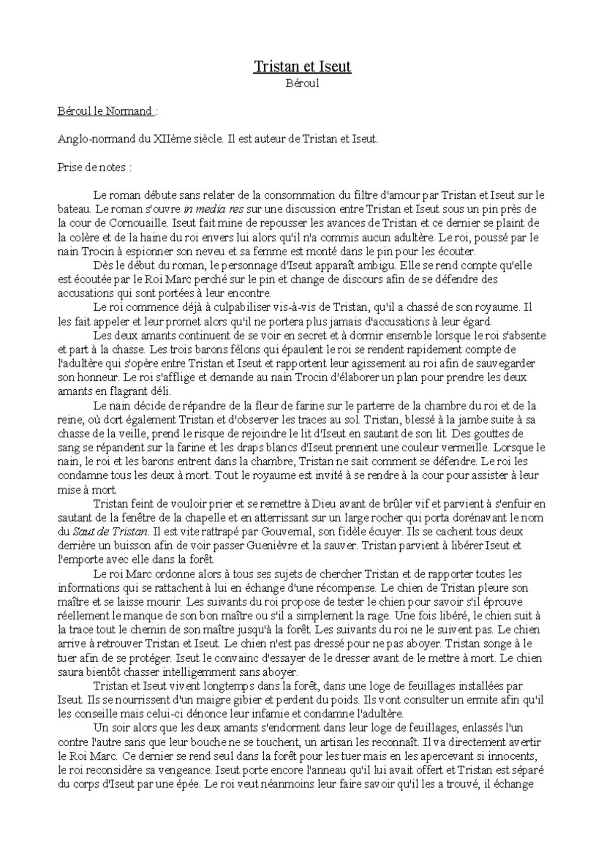 Tristan et Iseut, Béroul - prise de notes - Linguistique médiévale ...