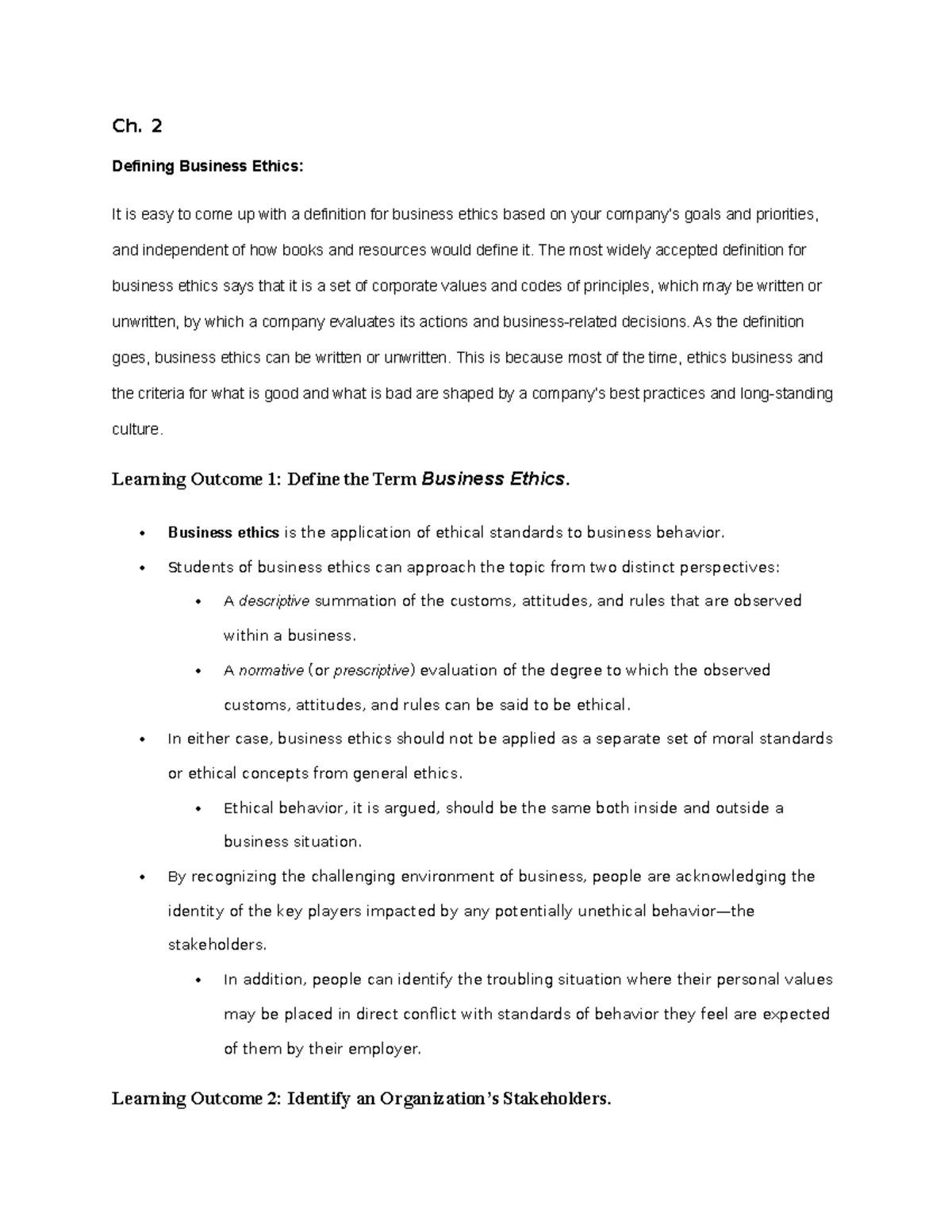 Study guide 2 bus ethics - Ch. 2 Defining Business Ethics: It is easy ...