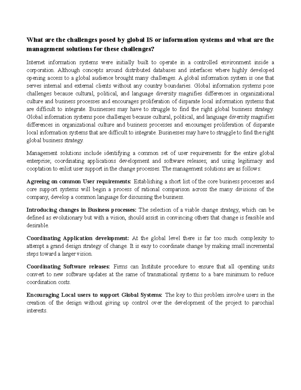 What are the challenges posed by global IS or information systems and ...