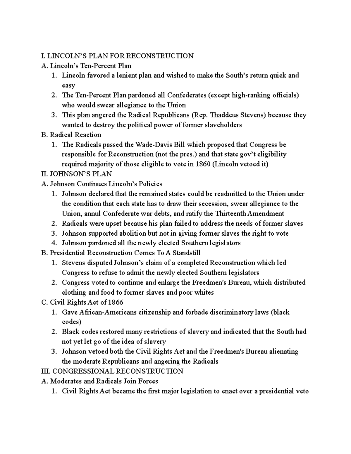 Reconstruction Notes - I. LINCOLN’S PLAN FOR RECONSTRUCTION A. Lincoln ...