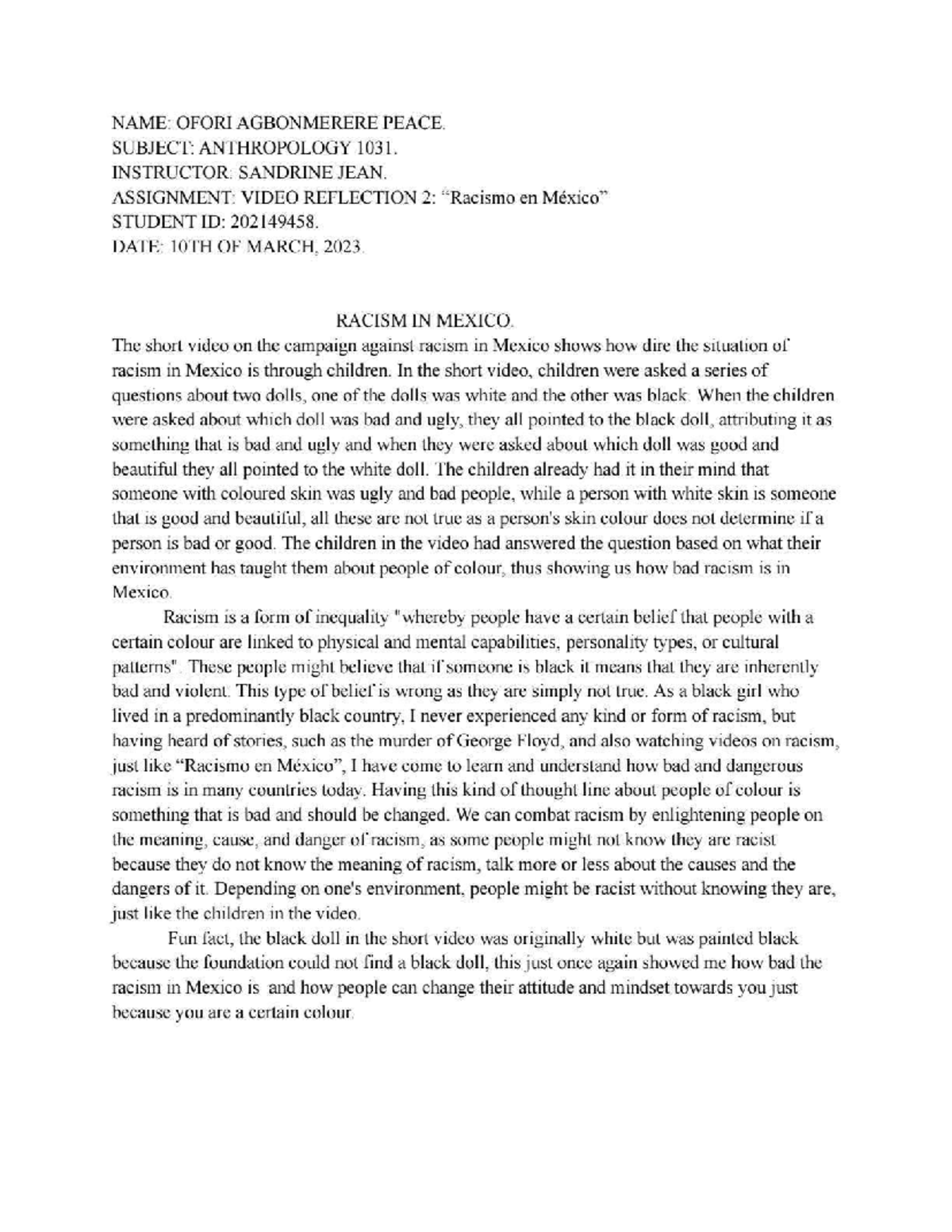 Video reflection 2 - Anth 1031 - Studocu