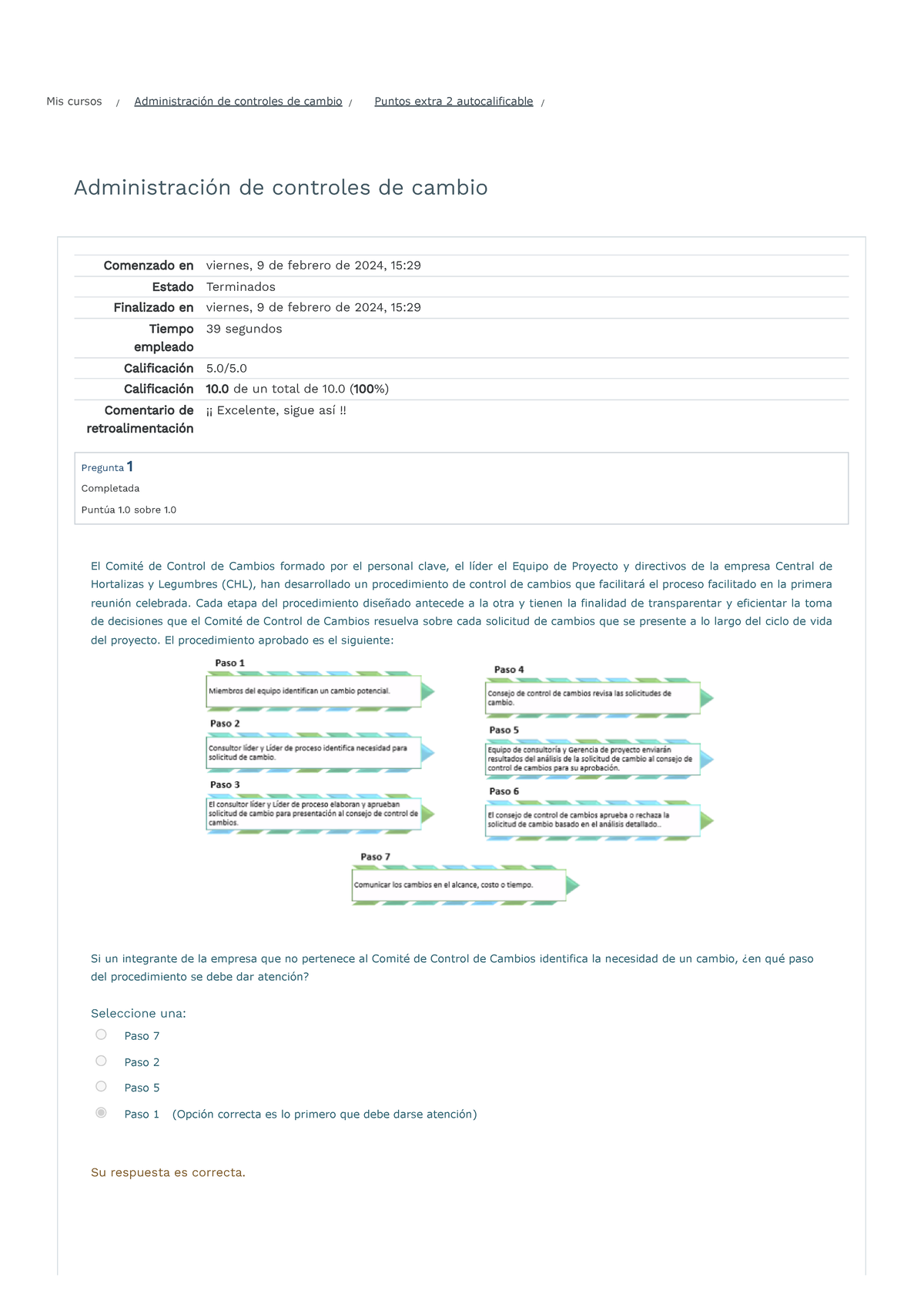 Puntos extra 2 autocalificable Revisión del intento - Administración de controles de cambio ...