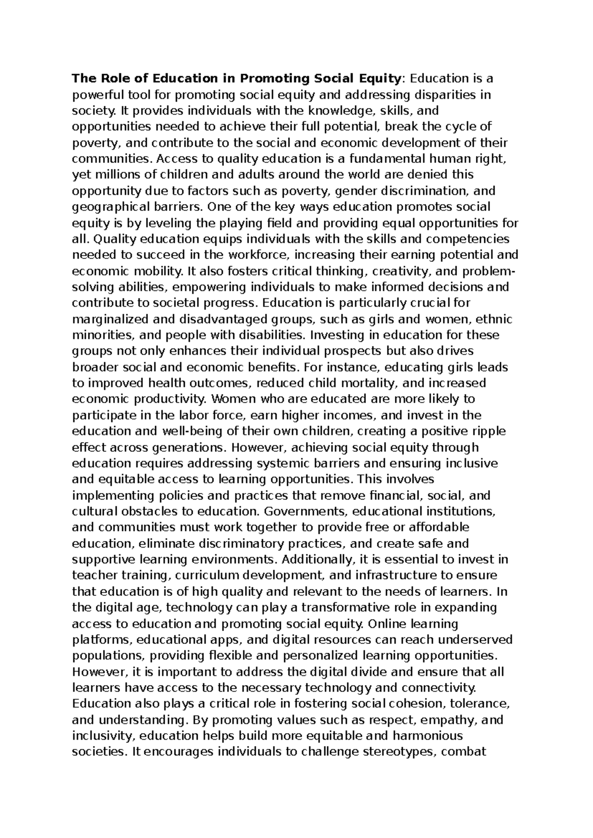 The Role of Education in Promoting Social Equity - It provides ...