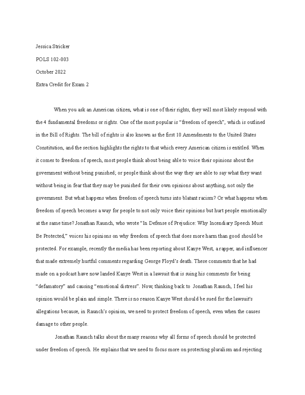 Extra Credit Essay - Jessica Stricker POLS 102- October 2022 Extra ...