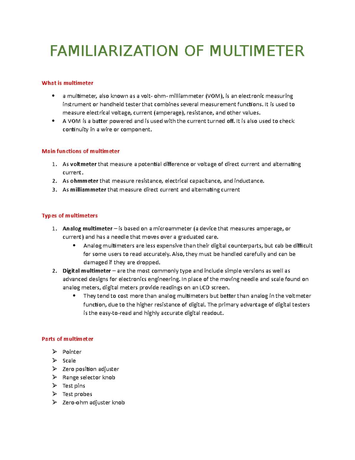 Familiarization OF Multimeter - Computer Engineering - Studocu