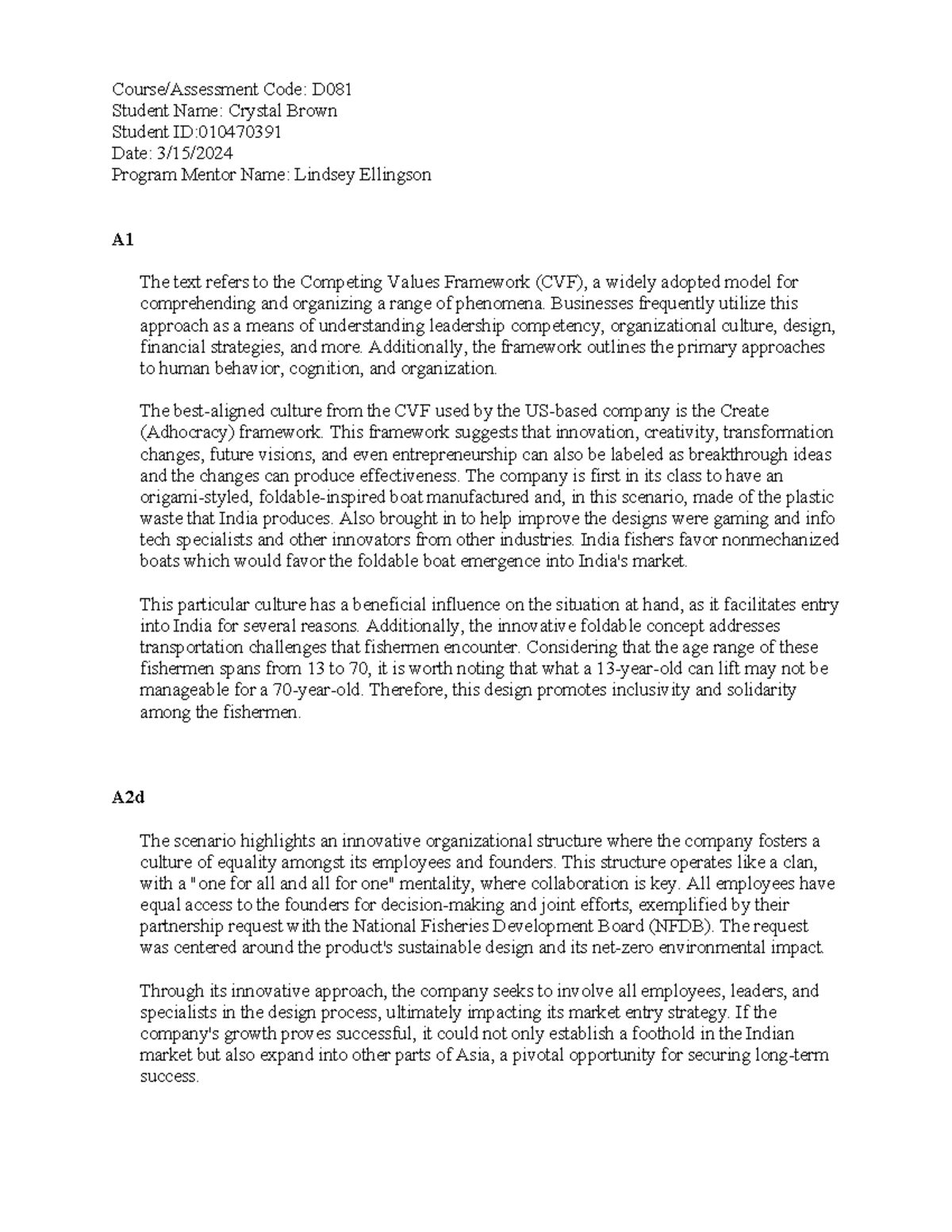 D081-Task 1 - Passed - Course/Assessment Code: D Student Name: Crystal ...