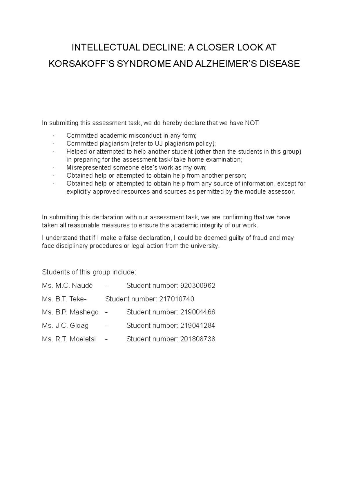 Intellectual Decline Assignment - FINA[ 20] - INTELLECTUAL DECLINE: A ...