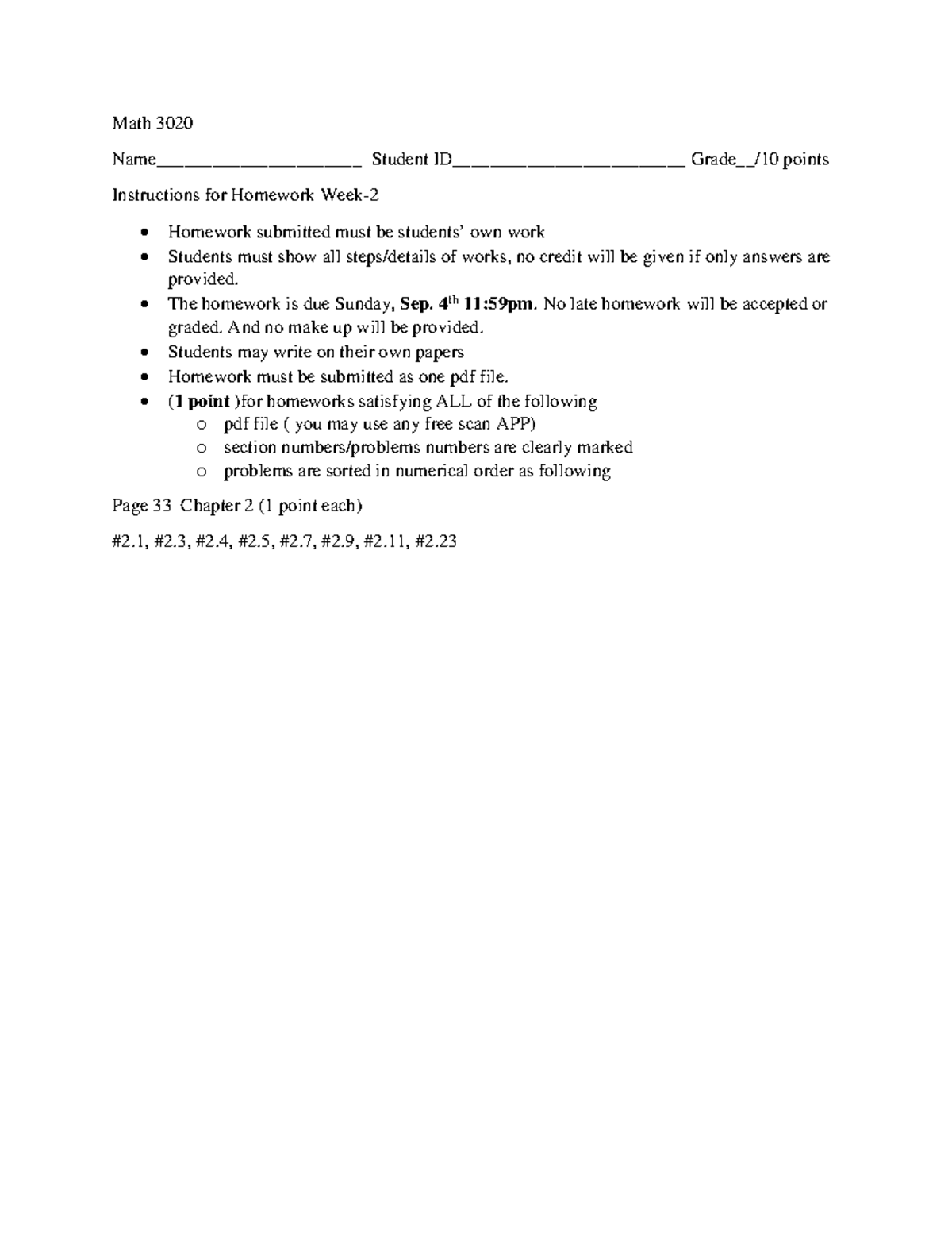 Week-2 homework - Math 3020 Name______________________ Student ID