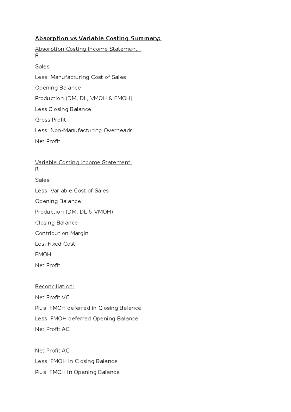 Absorption vs Variable Costing Summary - Absorption vs Variable Costing Summary: Absorption ...