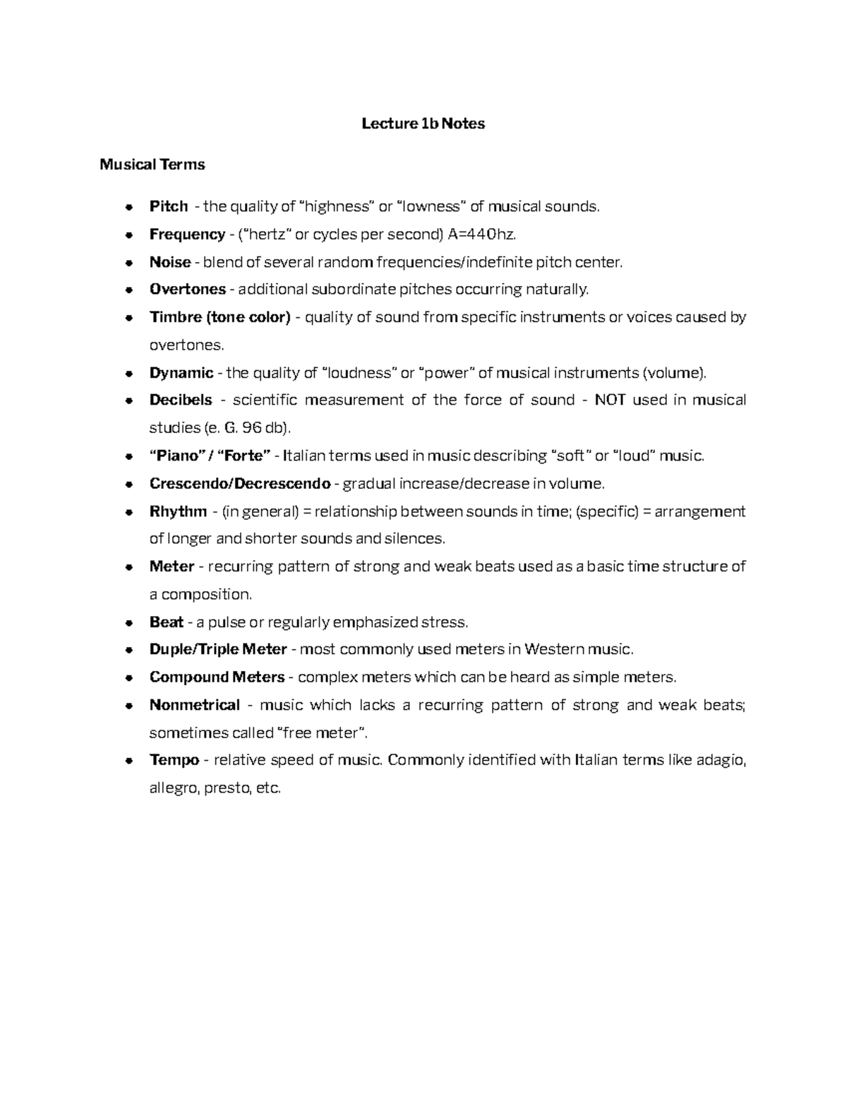 Lecture 1b Notes - Lecture 1b Notes Musical Terms Pitch - the quality ...