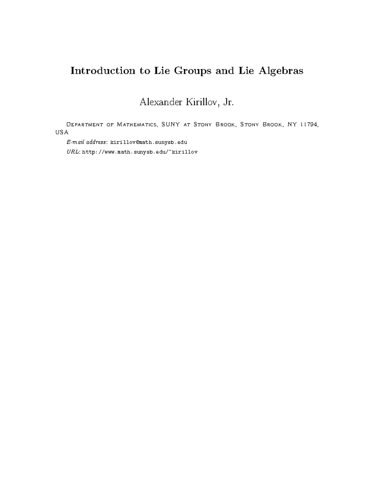 Liegroups - curso 22 formativo - Introduction to Lie Groups and Lie Algebras Alexander Kirillov ...