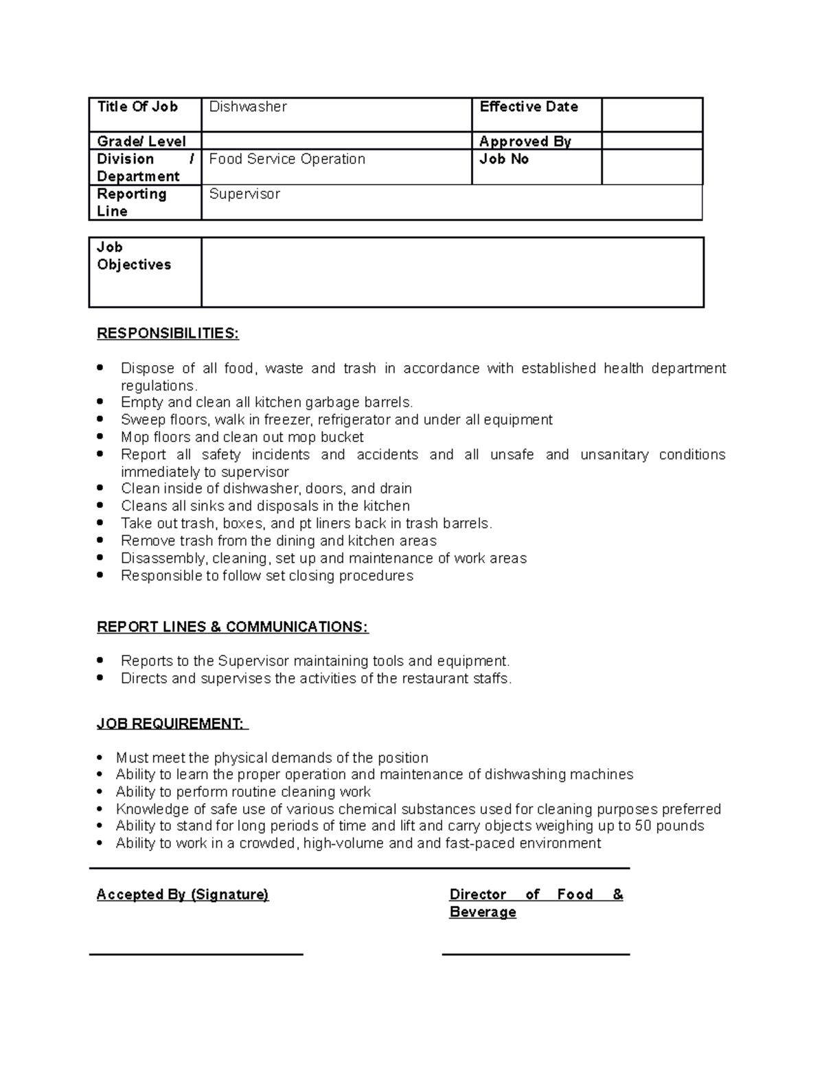 Sample-JOB- Description - Title Of Job Dishwasher Effective Date Grade ...