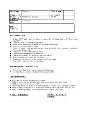 Sample-JOB- Description - Title Of Job Dishwasher Effective Date Grade ...