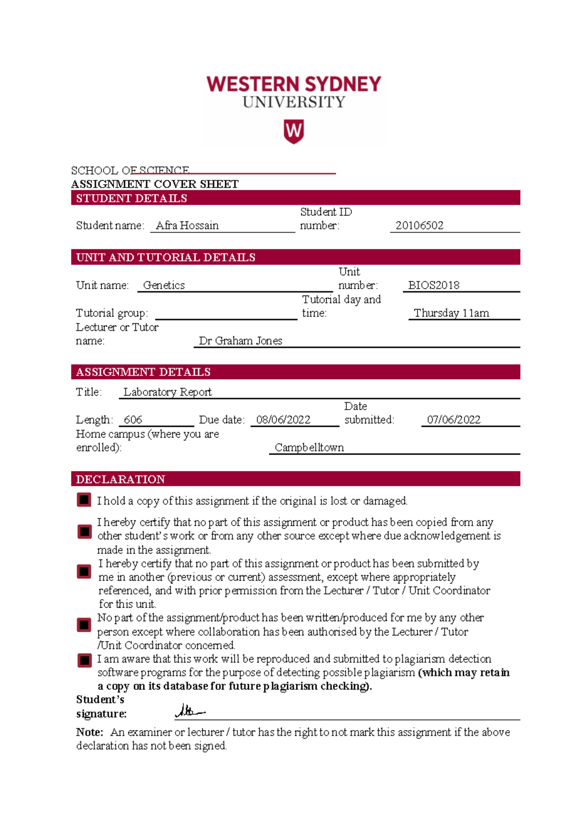 Lab Report - SCHOOL OF SCIENCE ASSIGNMENT COVER SHEET STUDENT DETAILS ...