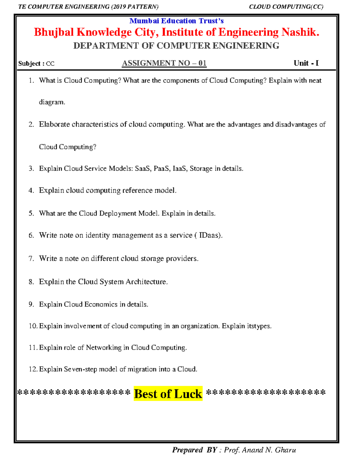 Cc assignment no 01 - TE COMPUTER ENGINEERING (2019 PATTERN) CLOUD ...