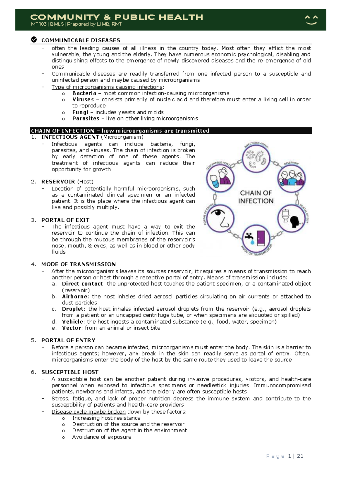 WEEK 8 Communicable Diseases - MT 103 | BMLS | Prepared by LJMB, RMT ...