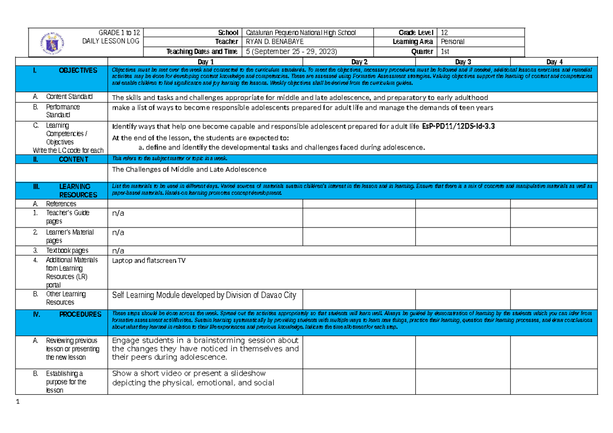 DLL Perdev WEEK 5 - personal development is a core subject under the ...