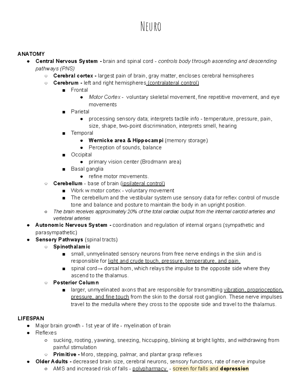 Neuro - Ch 17 - Lecture botes - Neuro ANATOMY Central Nervous System ...