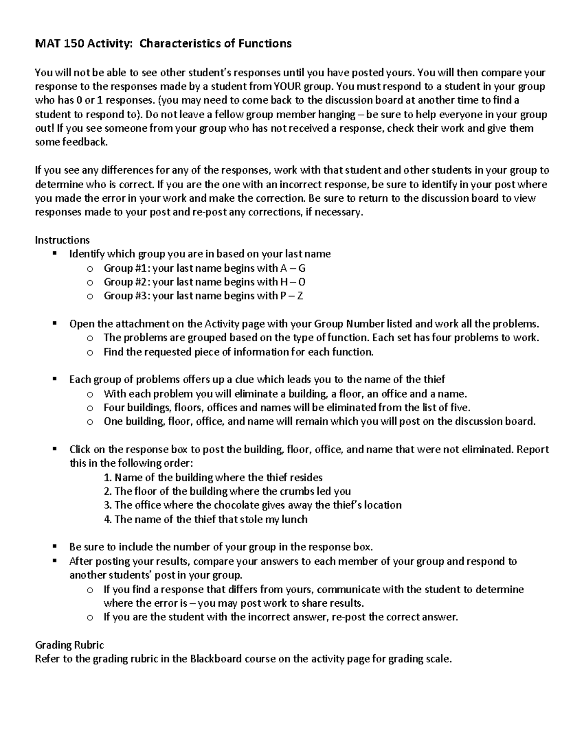 Characteristics of Functions Ac tivity Worksheet - MAT 150 Activity ...
