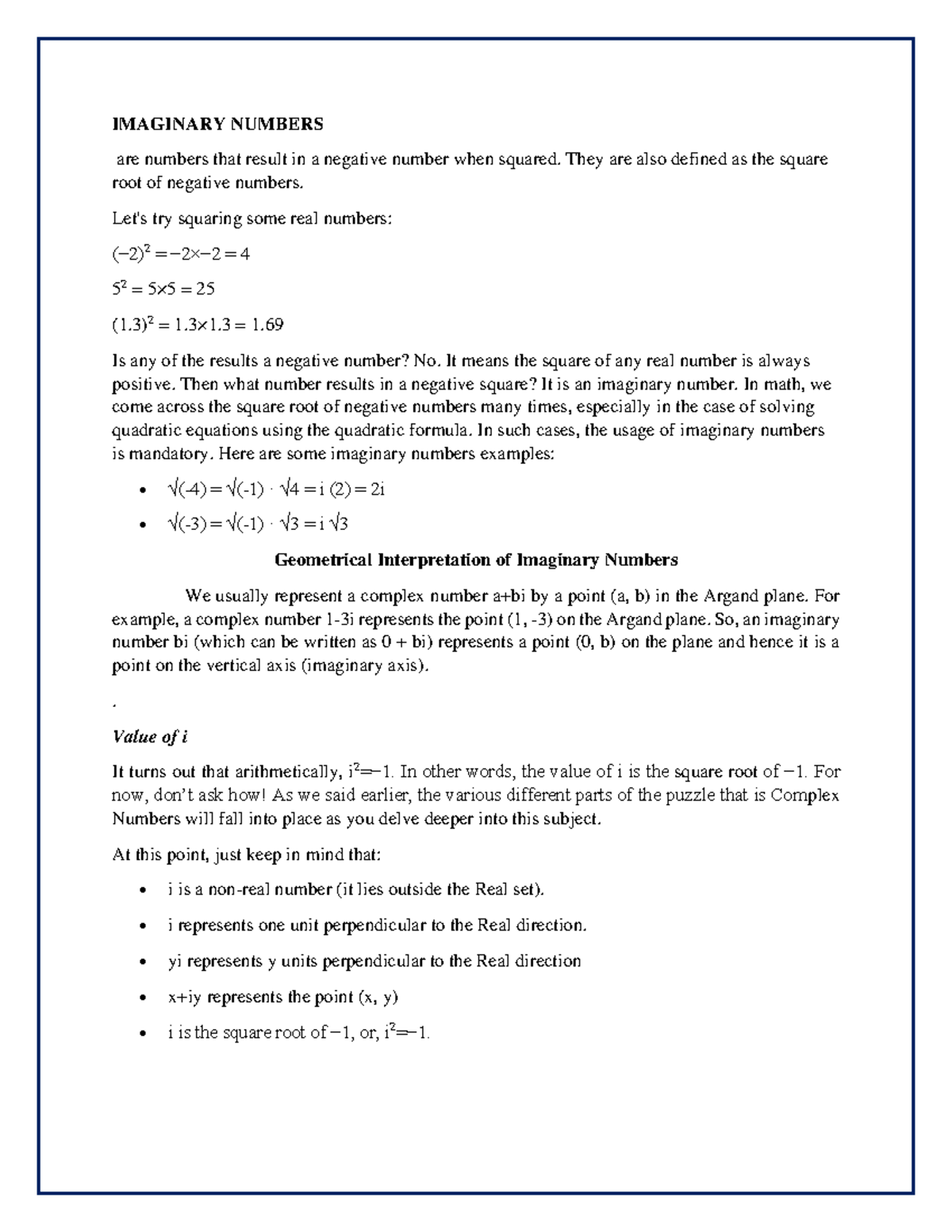G7 - IMAGINARY NUMBERS AND ITS CONCEPT - IMAGINARY NUMBERS are numbers ...