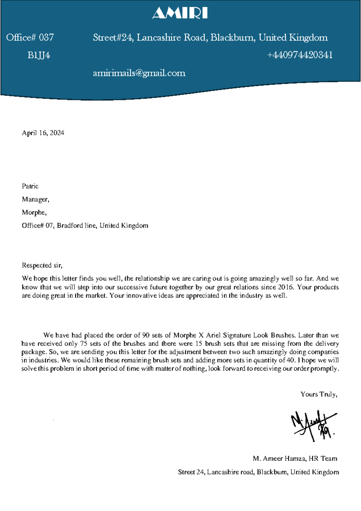 Letter practice - April 16, 2024 Patric Manager, Morphe, Office# 07 ...