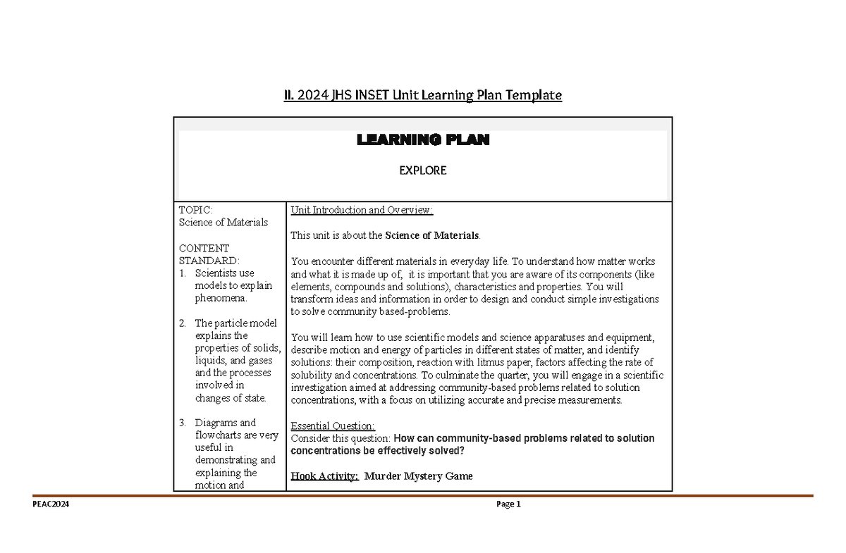 Science 8 Matatag 2024 Inset LP - II. 2024 JHS INSET Unit Learning Plan ...
