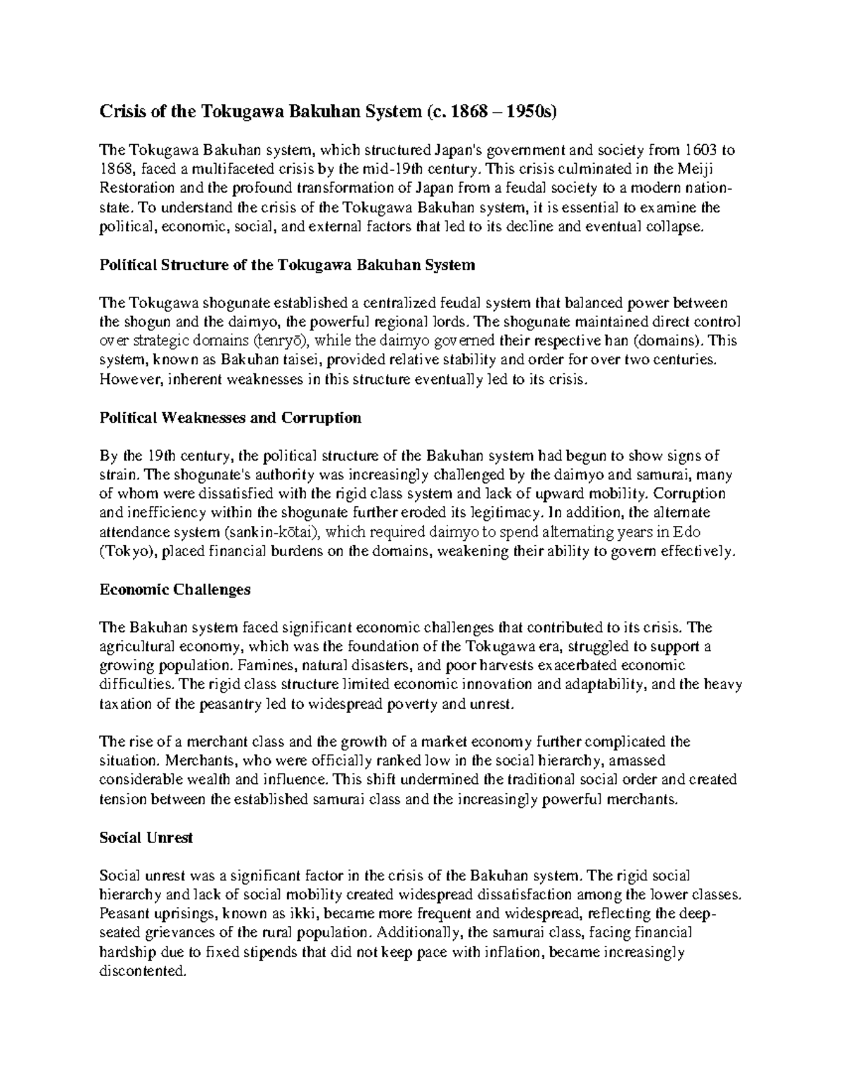 Crisis of the Tokugawa Bakuhan System - 1868 – 1950s) The Tokugawa ...