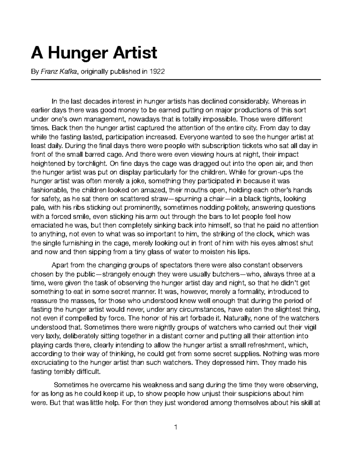 A Hunger Artist - Stuff to use - A Hunger Artist By Franz Kafka ...