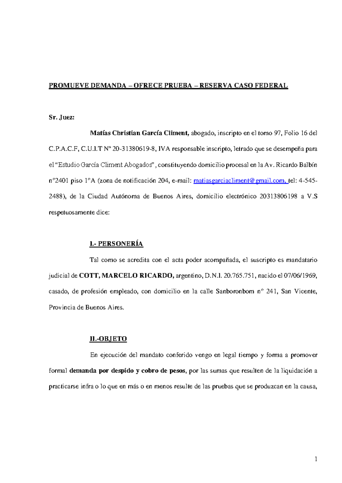 Demanda COTT - MODELO - PROMUEVE DEMANDA – OFRECE PRUEBA – RESERVA CASO ...