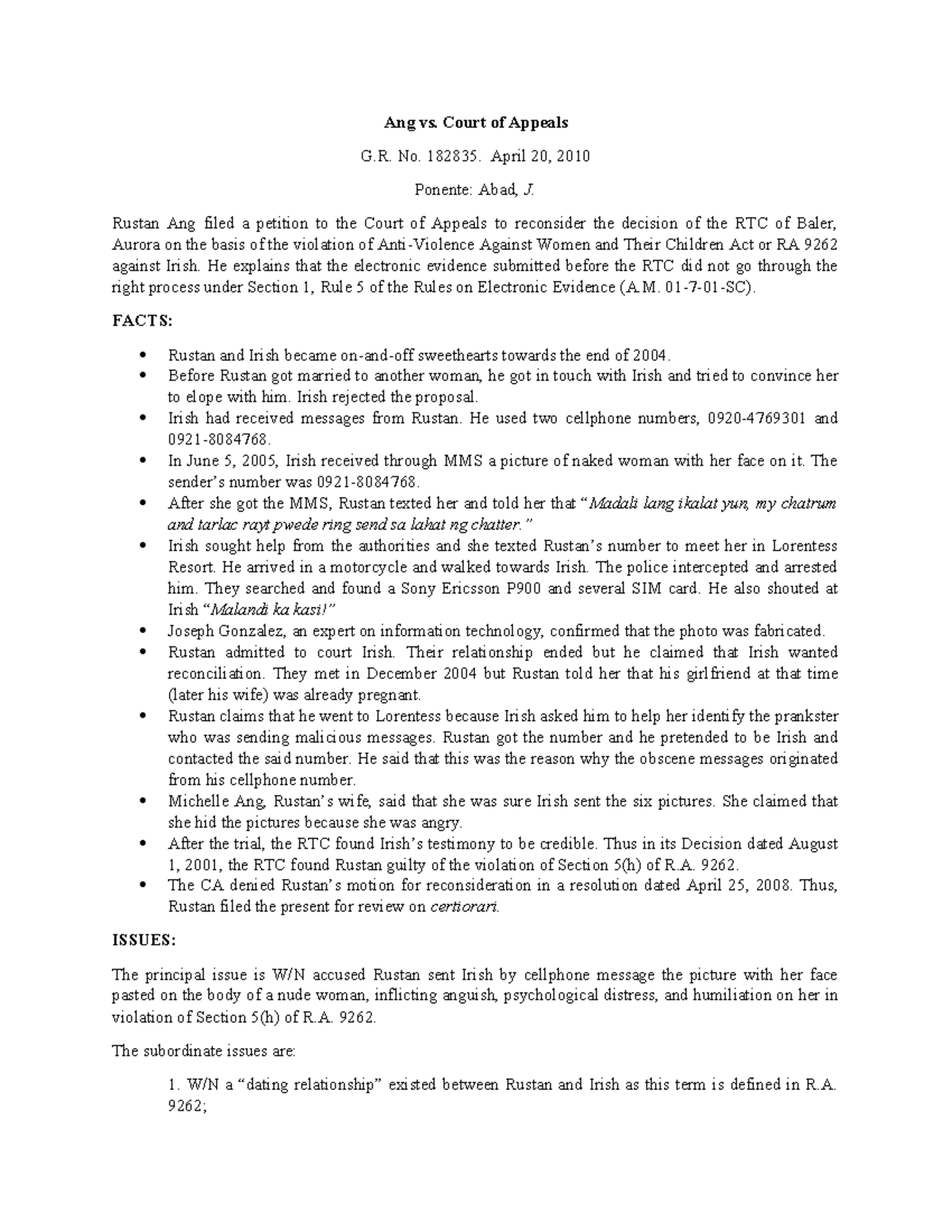 433931761 Ang vs CA Case Brief - Ang vs. Court of Appeals G. No. 182835 ...