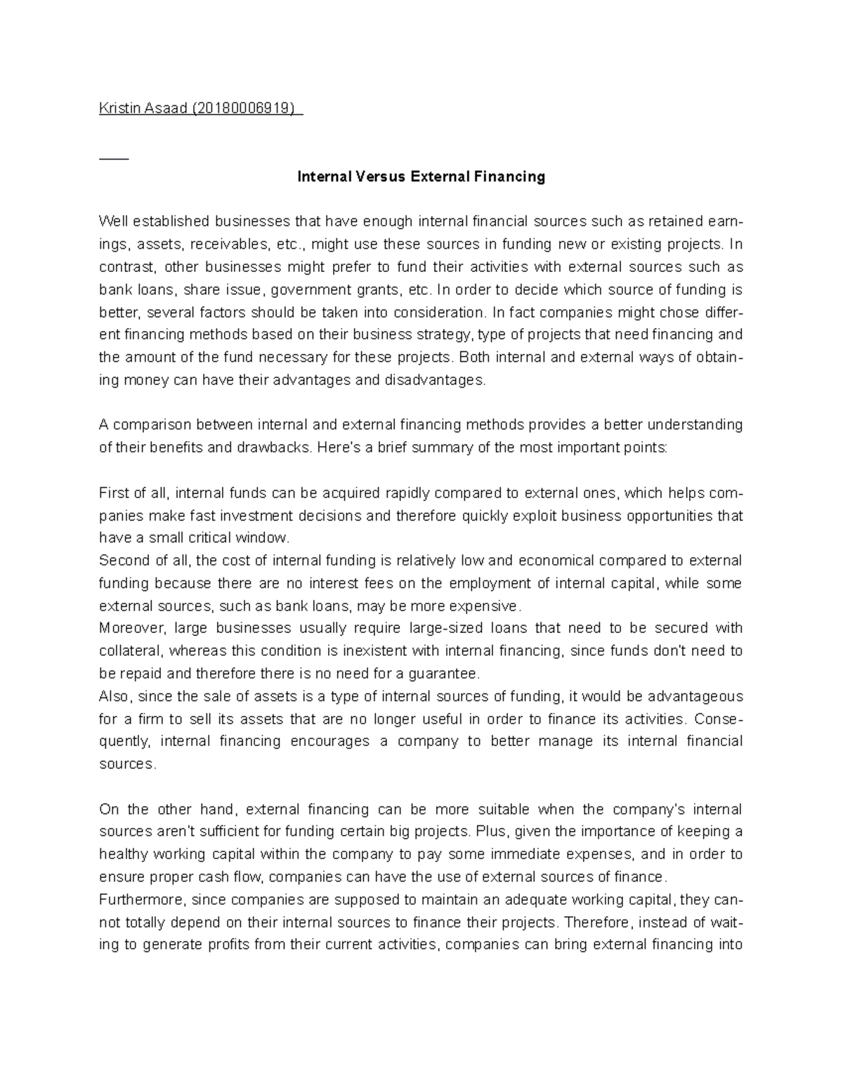 Kristin Asaad, Internal vs External Financing - Kristin Asaad ...