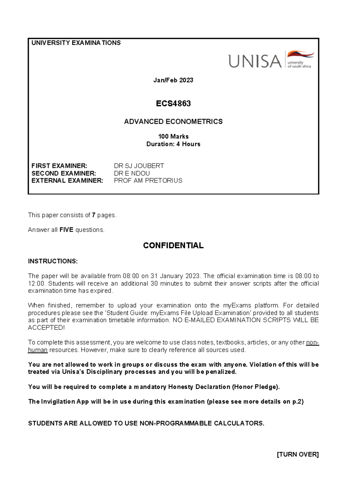 ECS4863 Exam Jan Feb 2023 - [TURN OVER] UNIVERSITY EXAMINATIONS Jan/Feb ...