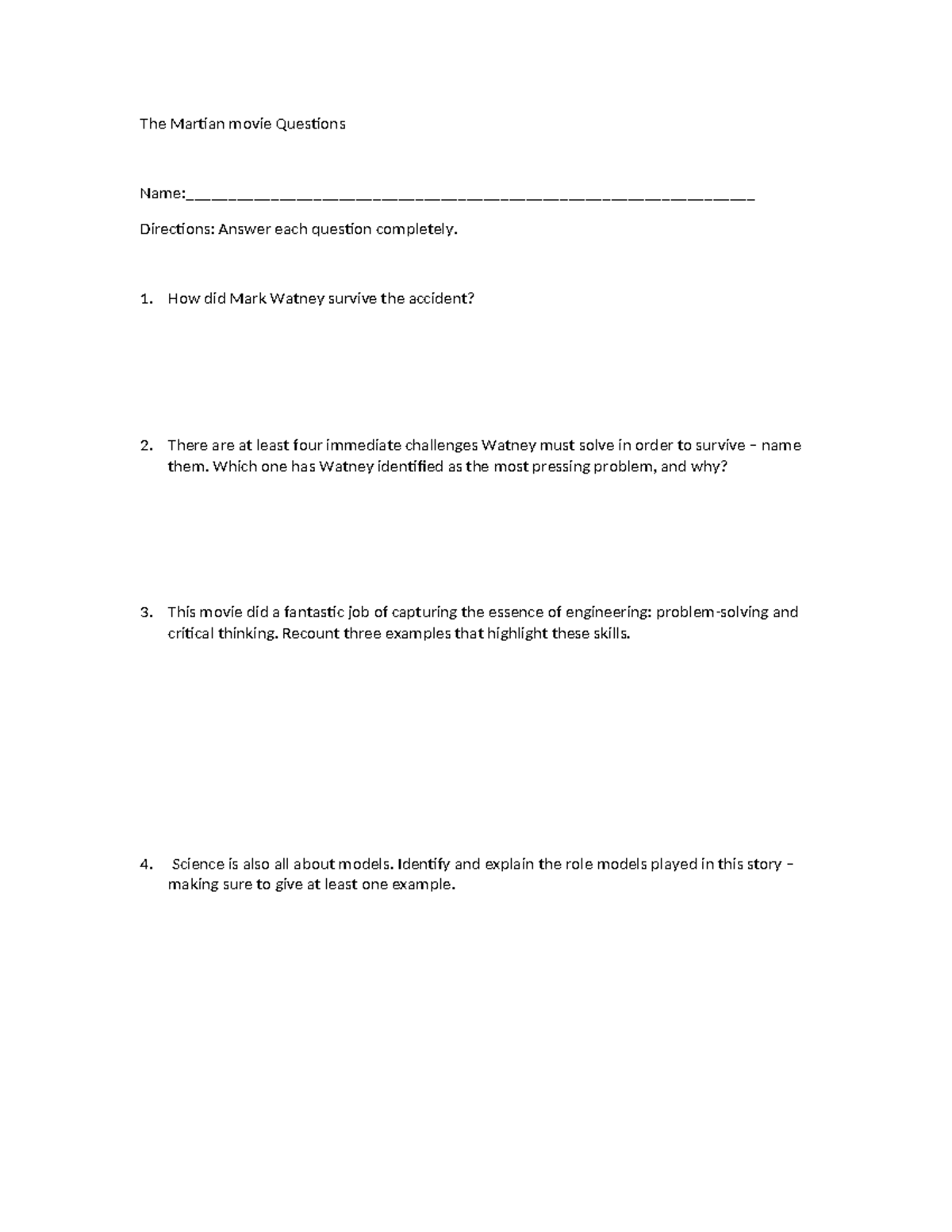 The Martian movie Questions - The Martian movie Questions - Studocu