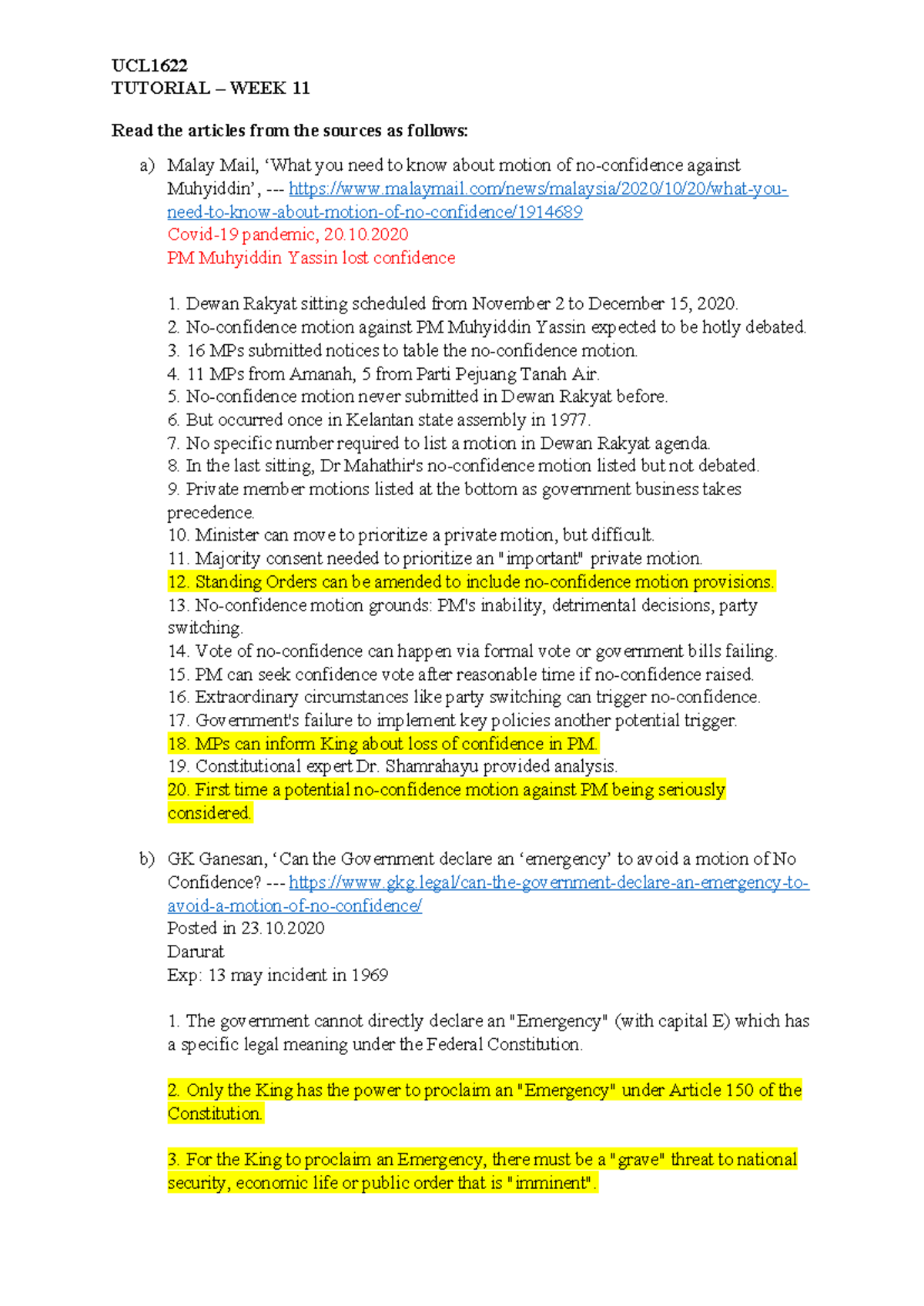 consti ii tutorial Week 11 Articles on Emergency Powers and Vote of No Confidence - TUTORIAL ...
