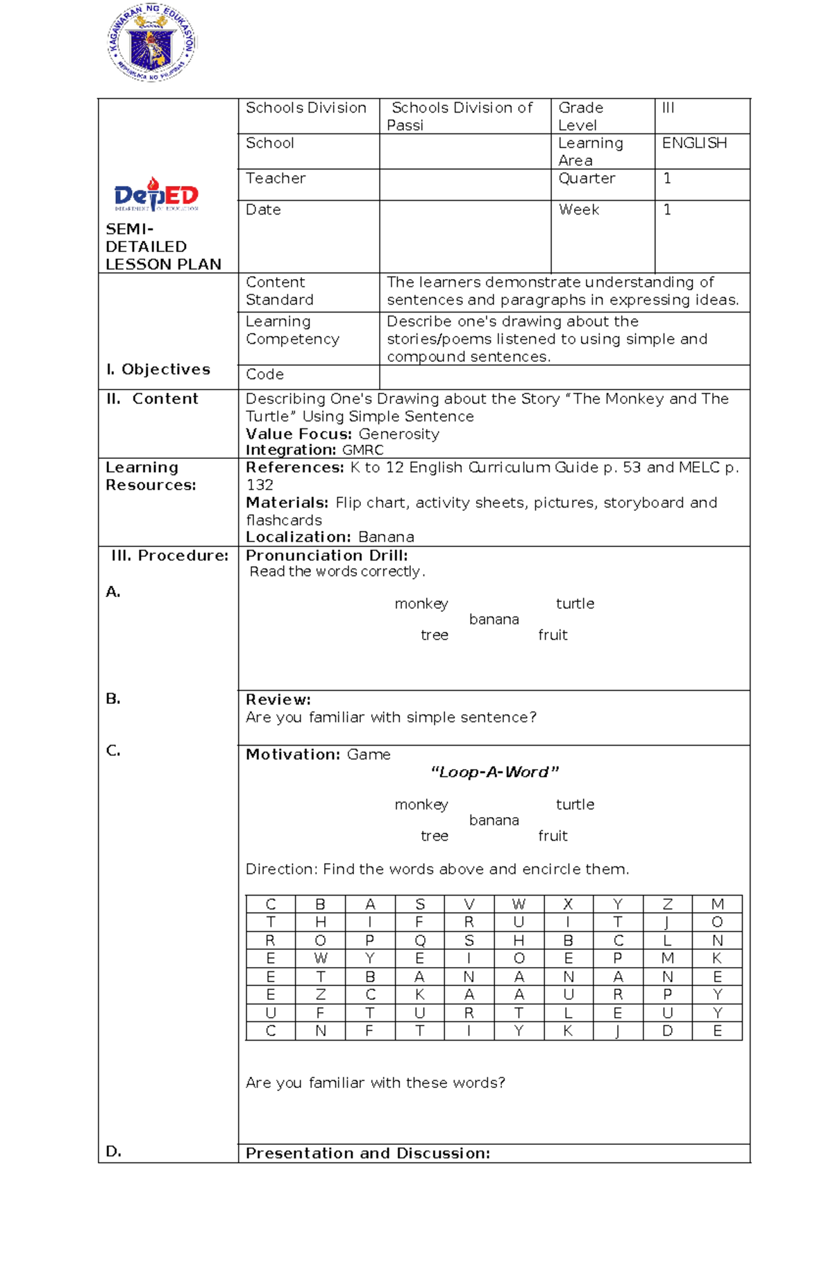 FS1 - Lesson Plan - SEMI- DETAILED LESSON PLAN Schools Division Schools ...