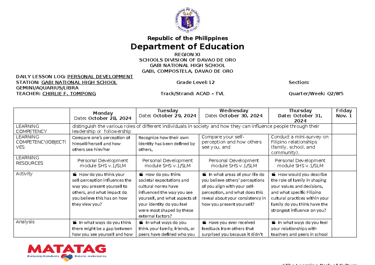 Week 5 - Second Quarter - personal development week 5 dll - Republic of ...