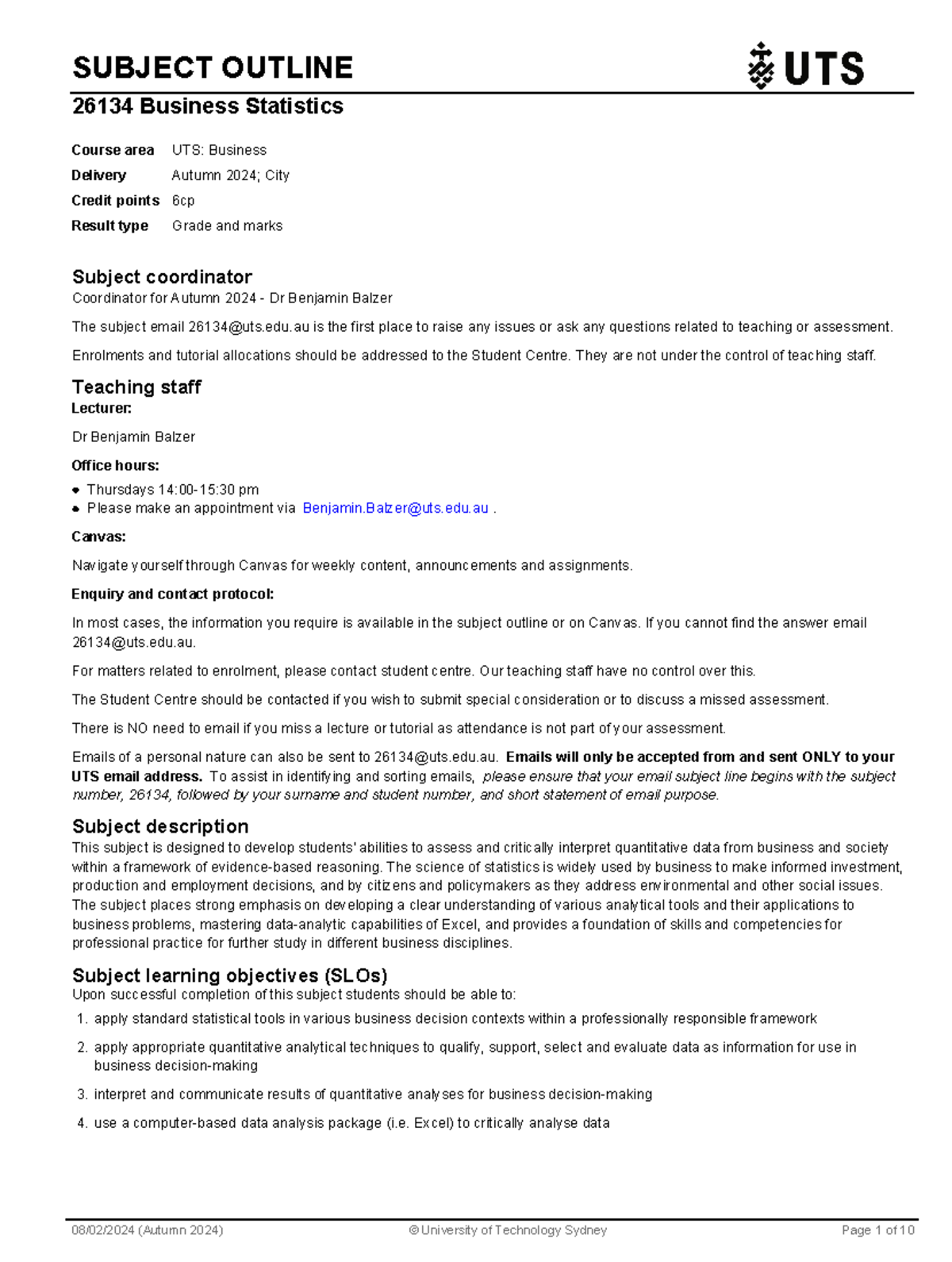 Subject outline 26134 Business Statistics - SUBJECT OUTLINE 26134 ...
