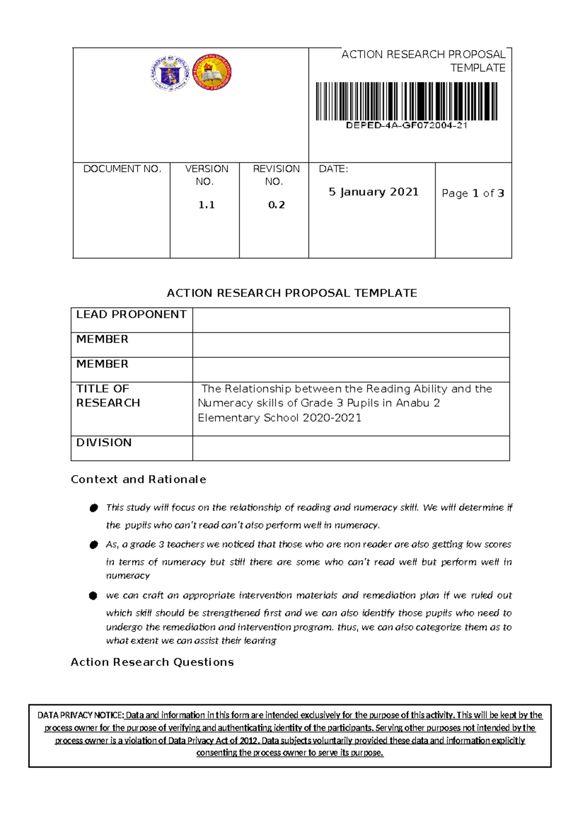 Apccs Action Research Proposal Template 1 - ACTION RESEARCH PROPOSAL ...
