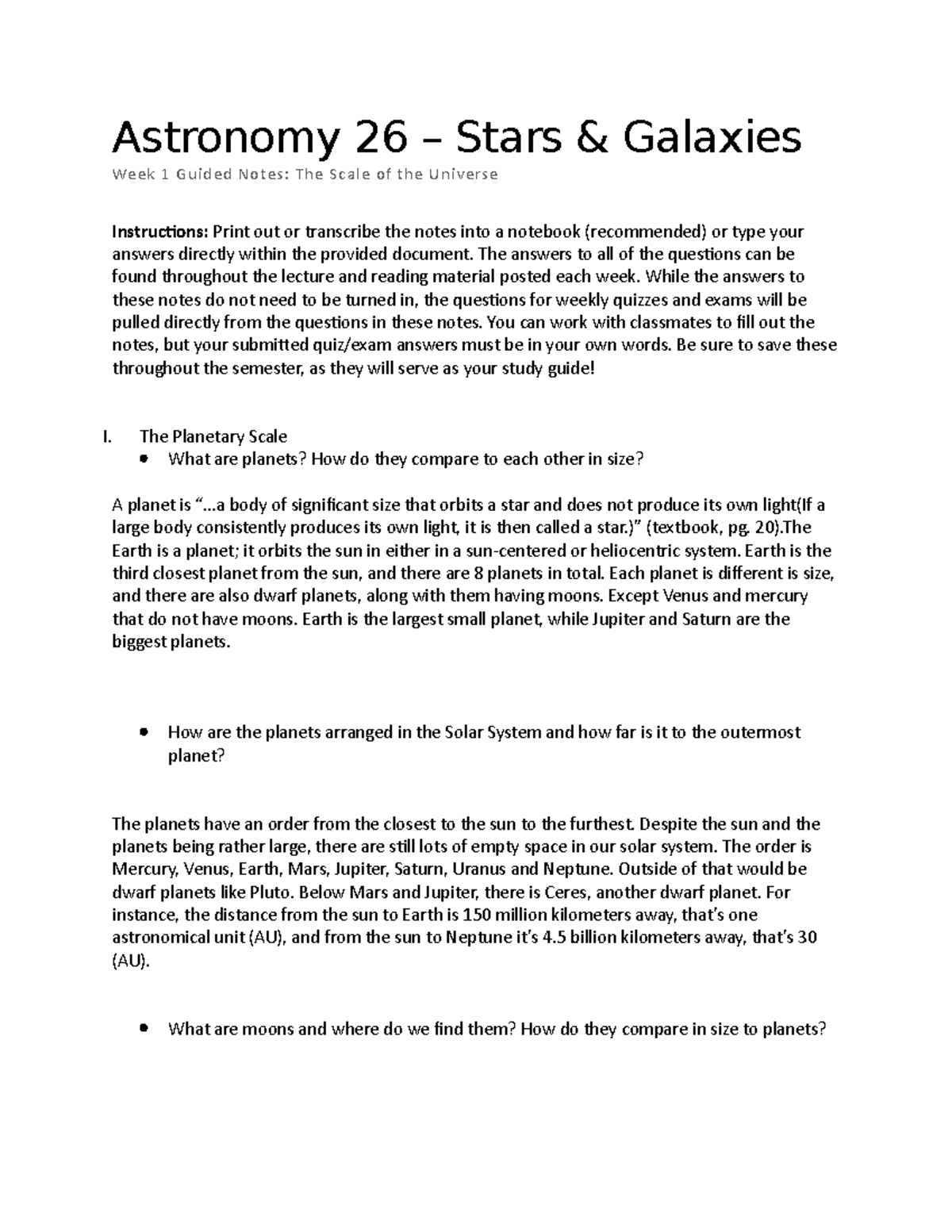 Guided Notes-1 Universe Scale - Astronomy 26 – Stars & Galaxies Week 1 ...