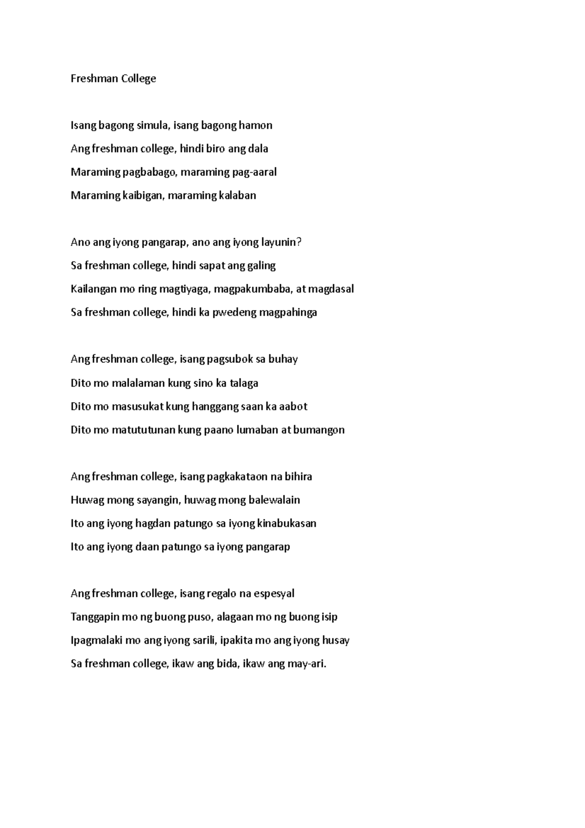Freshman - SPOKEN POETRY - Freshman College Isang bagong simula, isang ...