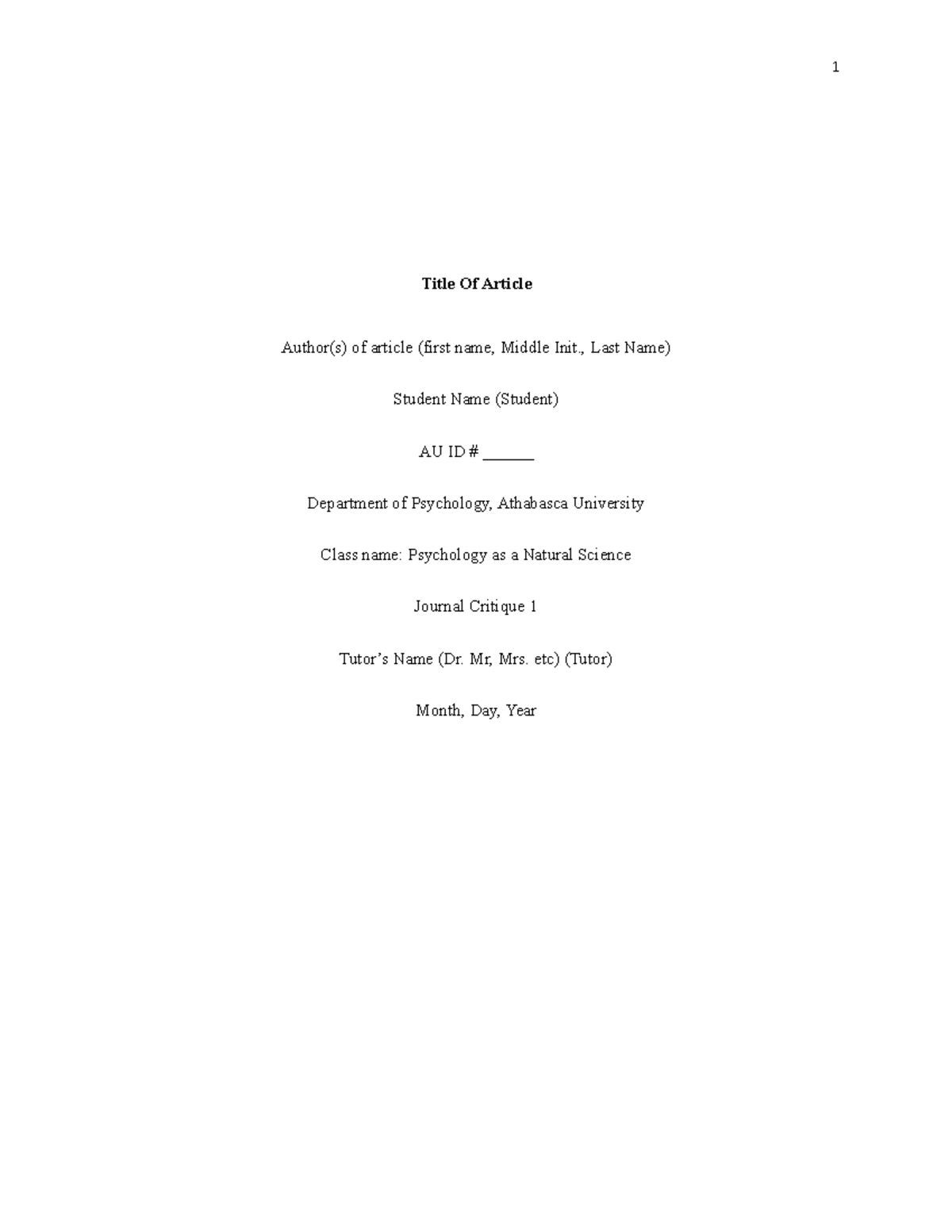 APA 7 template for papers - 1 Title Of Article Author(s) of article ...