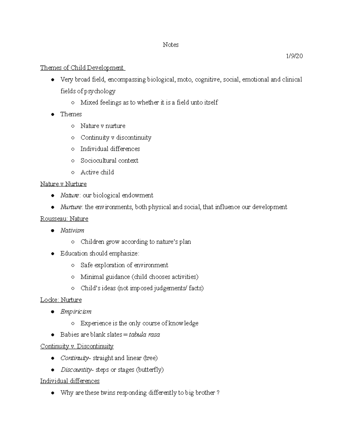 Notes - Karina Hamamouche's Child Development Lab - Notes 1/9/ Themes ...