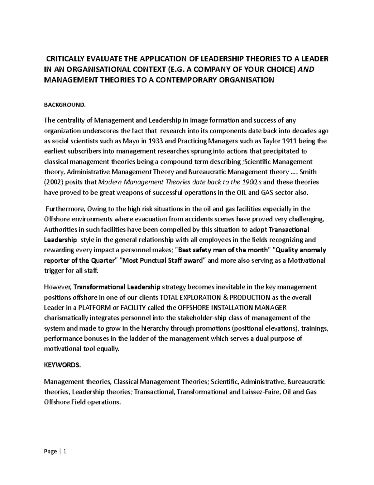CRITICALLY EVALUATE THE APPLICATION OF LEADERSHIP THEORIES TO A LEADER ...