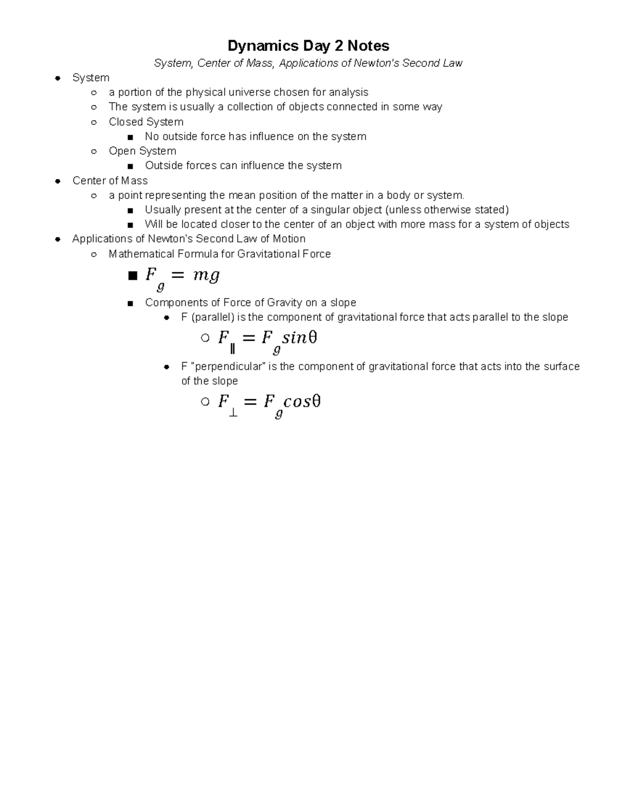 Dynamics Day 2 - AP Physics Notes - Dynamics Day 2 Notes System, Center ...