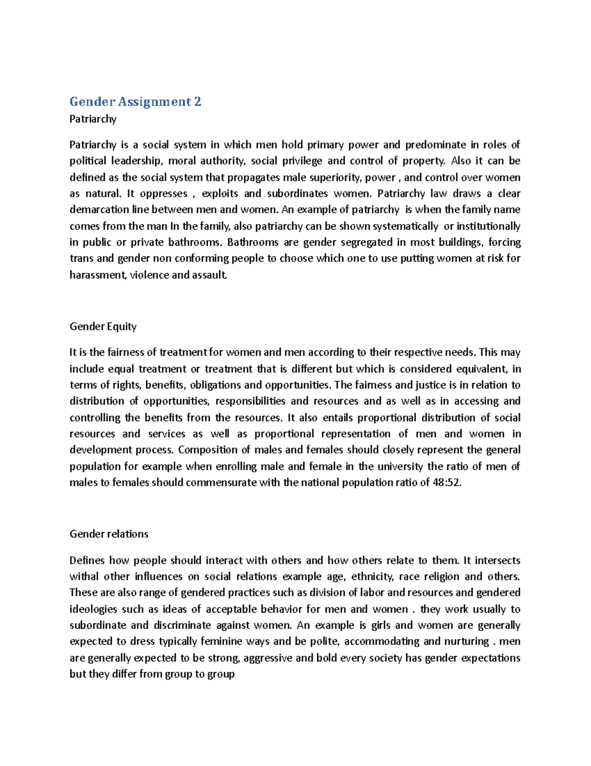 Gender assignment 2 - Good stuff - Gender Assignment 2 Patriarchy ...