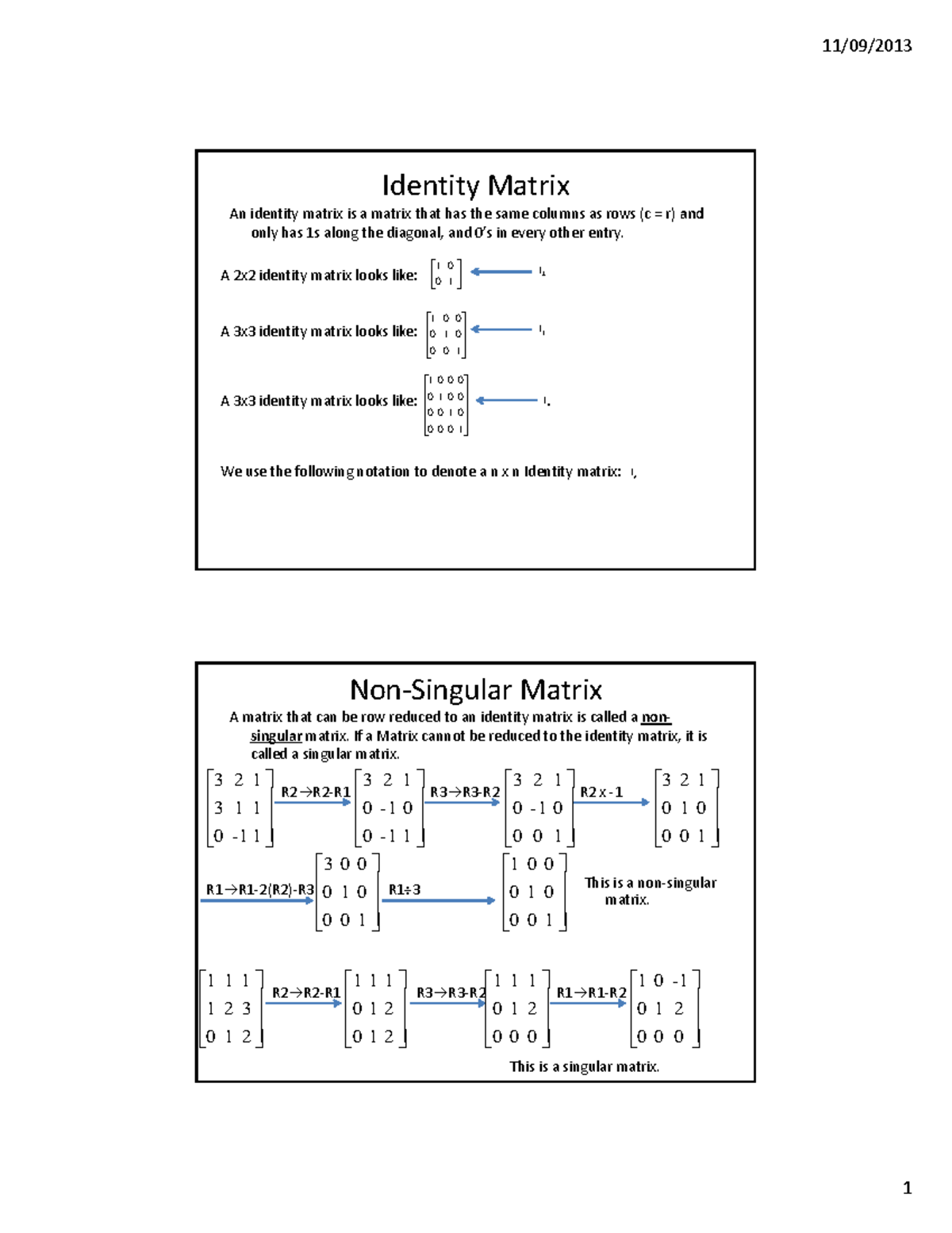 7b - Identity Matrices Nonsingular Matrix - 11/09/ 1 Identity Matrix An ...