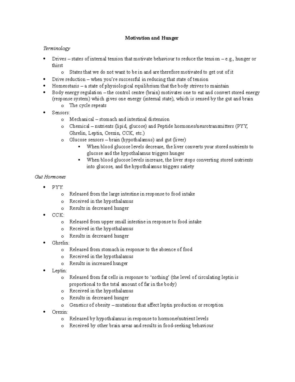 Lesson 14 - Motivation and Hunger - Motivation and Hunger Terminology ...