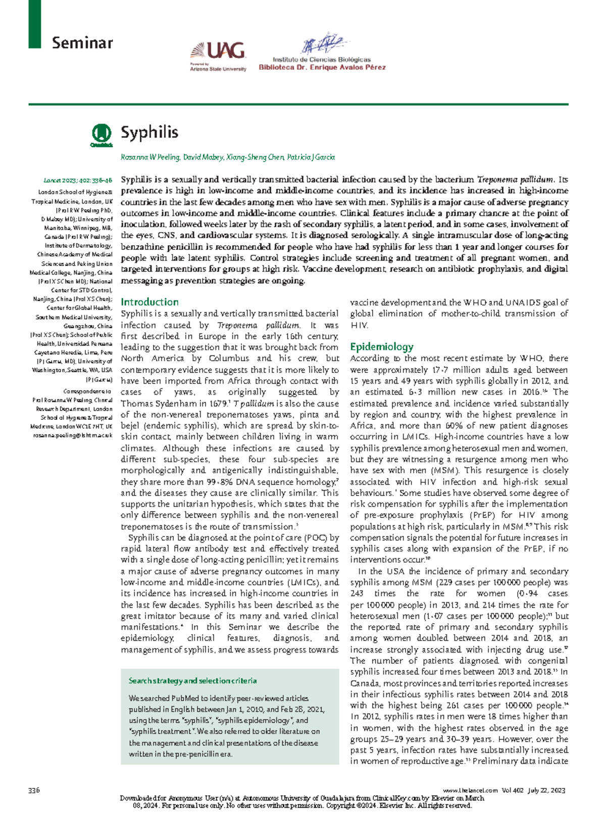 1-s2 - crac - 336 thelancet Vol 402 July 22, 2023 Syphilis Rosanna W ...